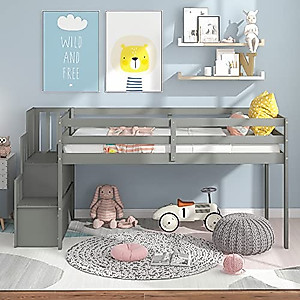 HomSof Loft Bed with Stairs and Storage,Gray