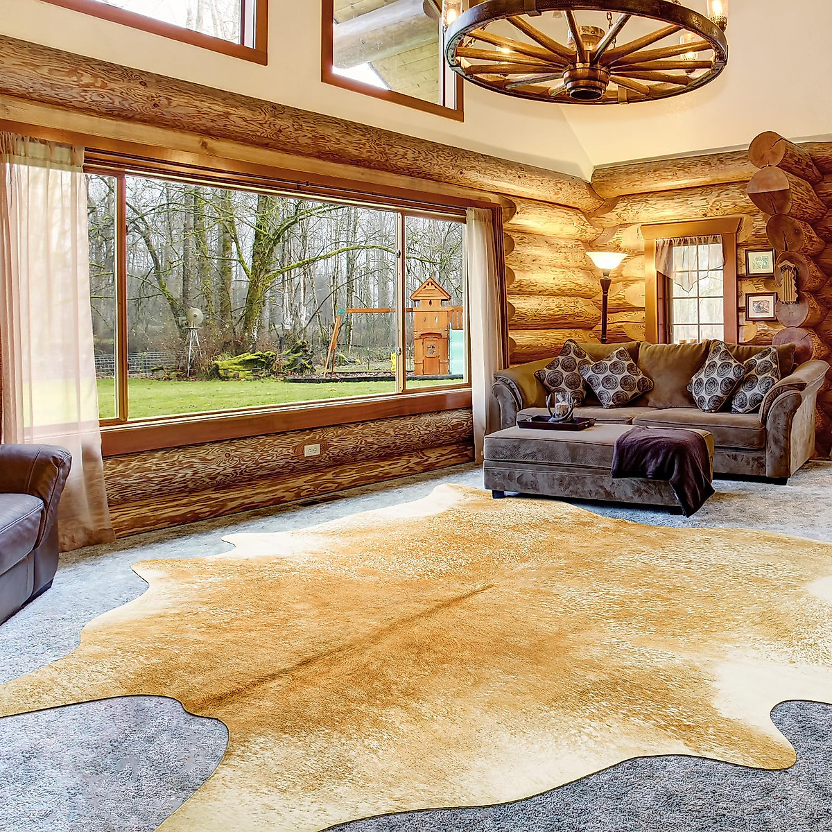 Rtizon Faux Cowhide Rug for Living Room, 6.2 x 7 Feet Khaki, Cow Print Skins Rug for Bedroom,Premium Faux Fur Animal Cow Hide Rugs Carpet for Western Decor