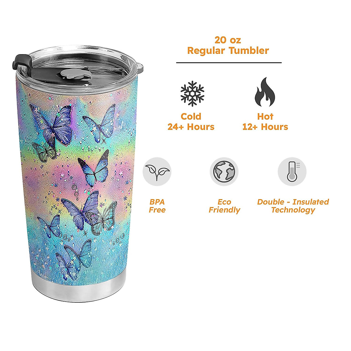 20oz Colorful Tie Dye Butterfly Tumbler, Gifts for Butterfly Lovers, Coffee Thermos for Women, Stainless Steel Double Wall Vacuum Insulated Coffee Mug, Travel Cup with Lid