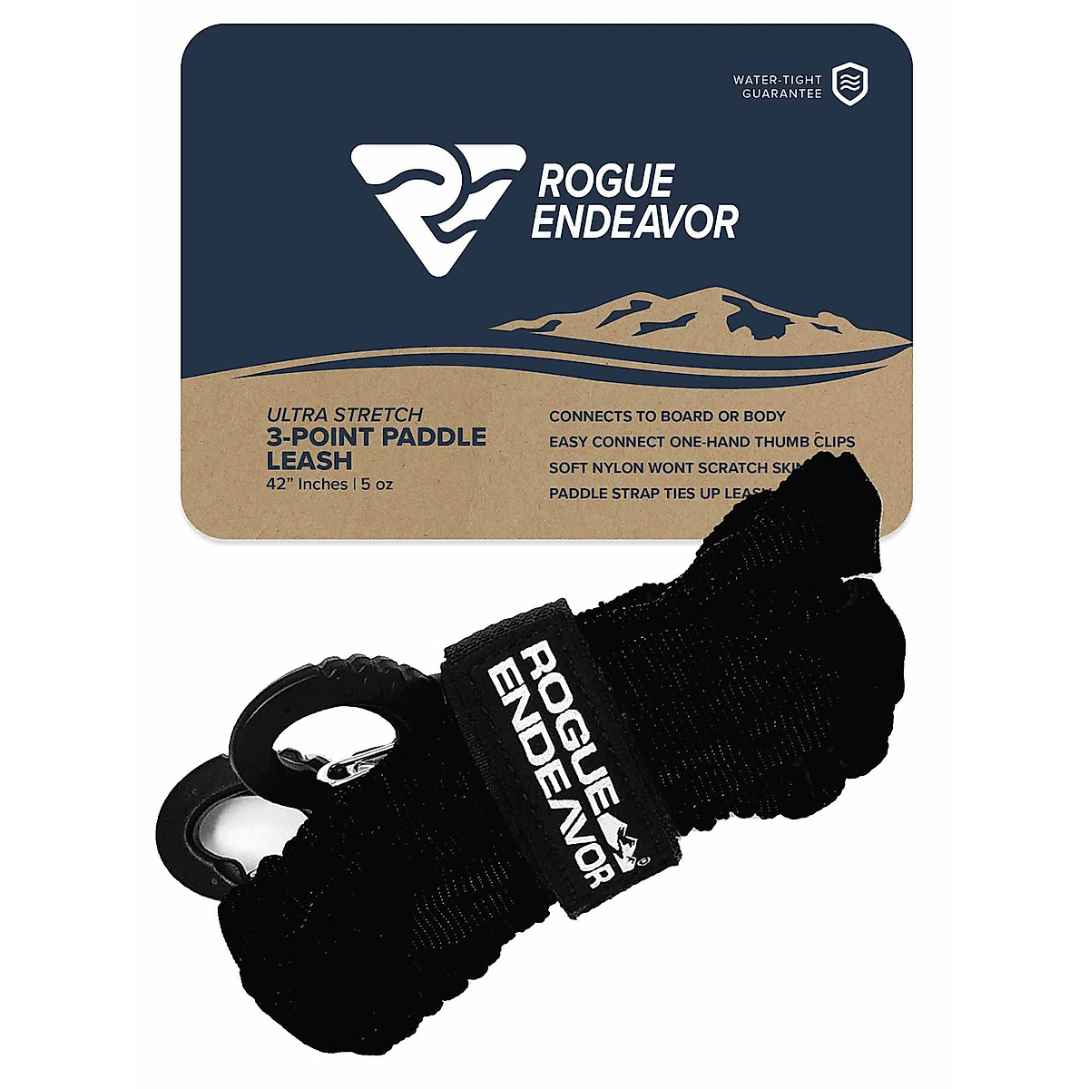 Rogue Endeavor 3-Point Stretch Paddle Leash for SUP (Stand Up Paddle Board), Kayak & Canoe. Center-Pivot for Easy Transition. Soft Nylon, Easy Stretch, 360 Swivels (Black)