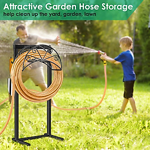 TomCare Garden Hose Holder Heavy Duty Water Hose Holder with 2 Tool Hooks Sturdy 4 Spikes Hose Reel Holds 150ft Hose Freestanding Hose Hanger Hose Storage Organizer for Outside Yard Lawn, Black