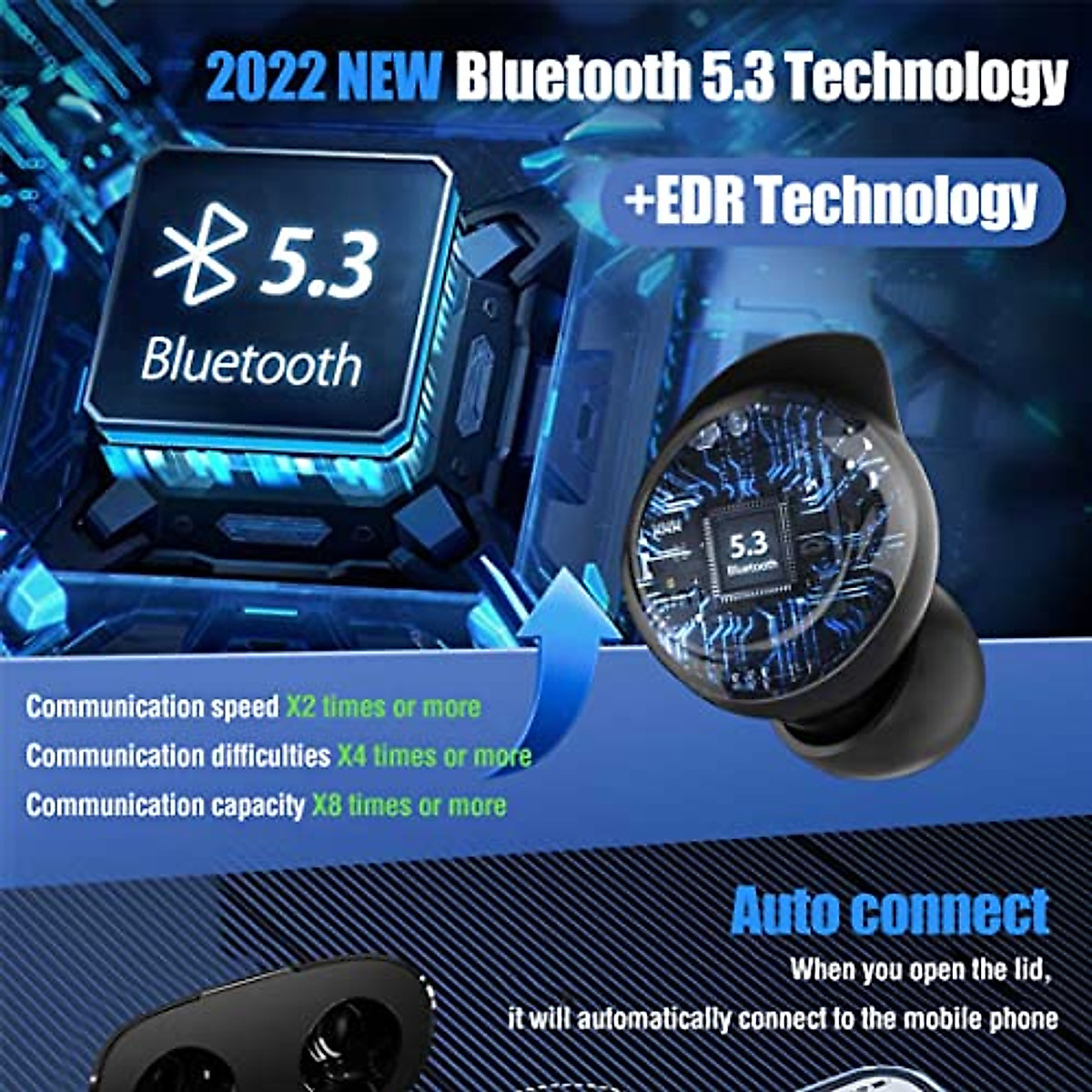 Wireless Earbuds 5.3 Bluetooth Premium Fidelity Sound Quality Digital LED Display Charging Case,IPX7 Waterproof Built-in Mic Sport Earbuds, Smart Earbuds for All Smart Devices Voice Assistant Black