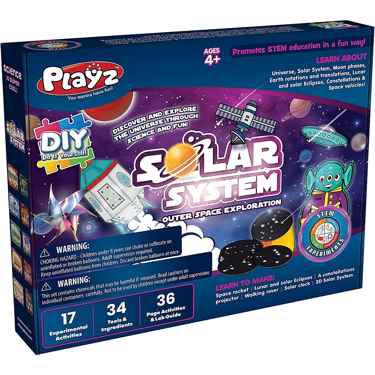 Playz Solar System for Kids Exploration Kit - 17 Outer Space STEM Experiments & Science Toys for Kids Ages 4-12 - Make DIY Rockets, Eclipse, Constellation Projector, 2D Solar System Model, Planet Toys