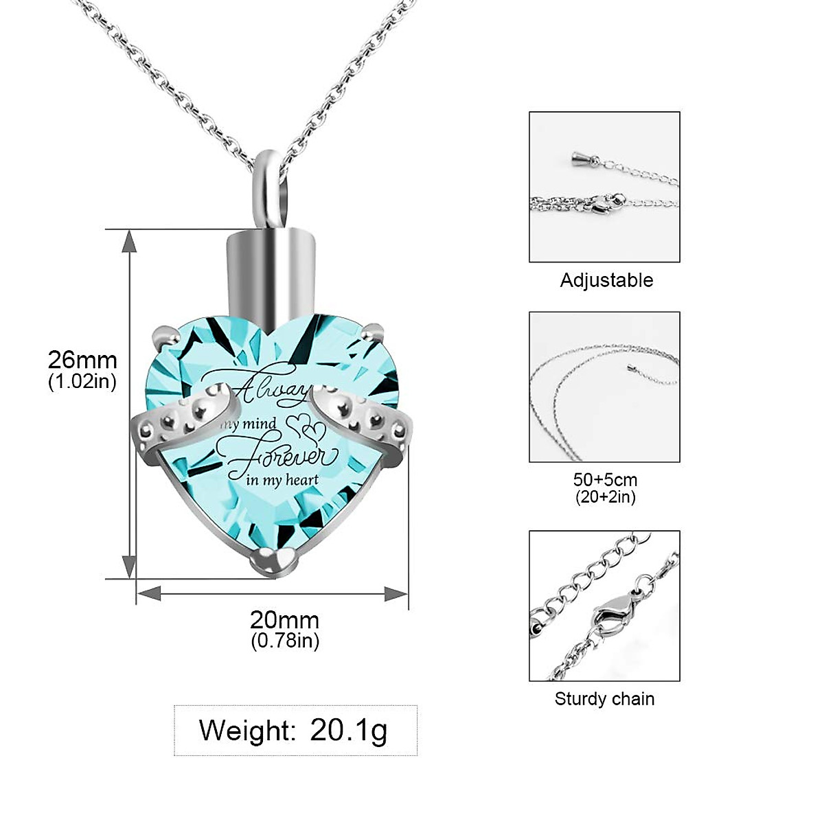 XIUDA Crystal Urn Necklace for Human Ashes Heart Birthstone Memorial Cremation Jewelry Ash Necklace for Women