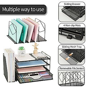 Spacrea Modern Minimalist Black 4-Tier Letter Trays Paper Organizer with File Holder and Drawer, Desk Accessories