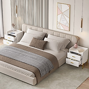 White Nightstand Set of 2,Mid Century Modern End Table with Charging Station,Farmhouse Storage Night Stand Bedside with 2 Drawer