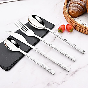 BRIIEC 24Pcs White Imitation Marble Pattern Handle Flatware Silverware Set, Stainless Steel Cutlery Set for 6, Square Handle Eating Utensils, Mirror Polished for Home Kitchen Bar Restaurant