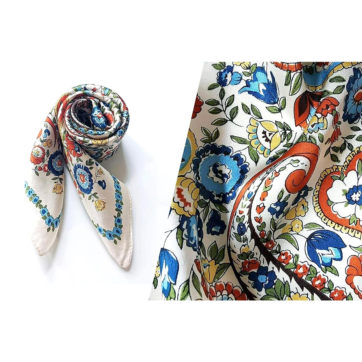 MEISEE Pure Natural Mulberry Silk Scarfs Women Small Square Scarf 21" x 21" Breathable Lightweight Neckerchief Printed Headscarf (White flower-10)