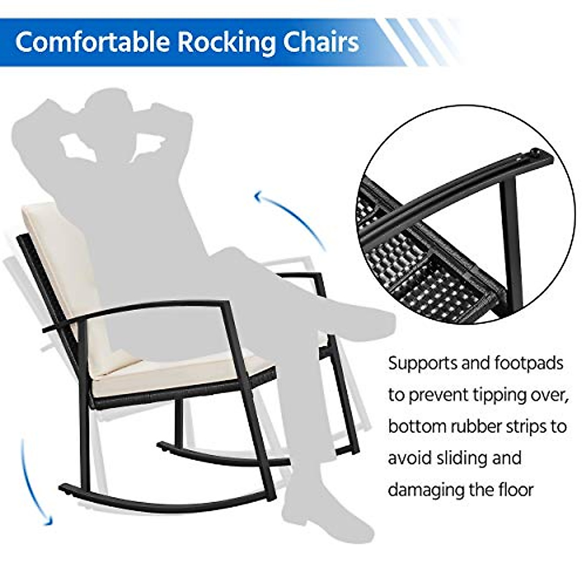 Yaheetech 3-Piece Patio Furniture Set, Outdoor Rocking Chairs Bistro Set, 2 PE Rattan Chairs with Glass Coffee Table Wicker Furniture Set - for Garden Balcony Backyard Poolside