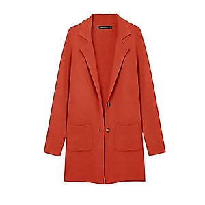 MEROKEETY Women's Casual Knit Blazer Jacket Button Down Elegant Work Office Coatigan Sweater for Fall Winter, Orange, Medium