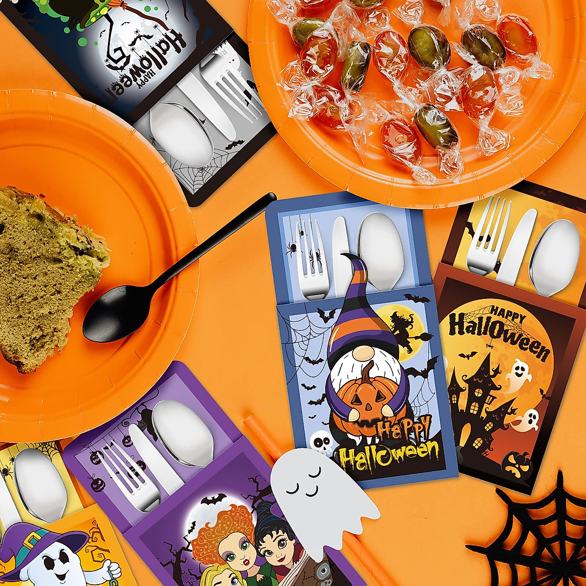 Whaline 18Pcs Halloween Cutlery Holder Set 6 Designs Witch Ghost Pumpkin Gnome Patterned Silverware Holder Paper Pocket Creepy Cartoon Tableware Utensil Holder for Dinner Party Supplies
