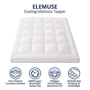 ELEMUSE Extra Thick Cooling King Mattress Topper, 1300 GSM Overfilled Pillow Top with Baffle Box Design, Hand Made 400TC Organic Cotton Pad Cover, Plush & Support Snow Down Alternative, Hotel Quality