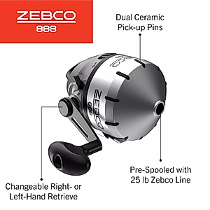 Zebco 888 Spincast Fishing Reel, Size 80 Reel, Changeable Right- or Left-Hand Retrieve, Built-in Bite Alert, 2.6:1 Gear Ratio, Pre-spooled with 25 lb Zebco line, Silver