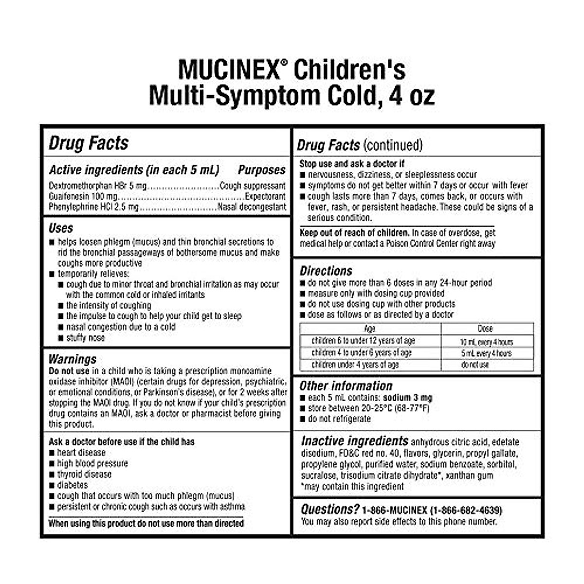 Mucinex Children's Multi-Symptom Cold Relief Liquid- Relieves Stuffy Nose, Chest Congestion, Cough & Mucus, Expectorant & Cough Suppressant With Dextromethorphan, Guaifenesin, Phenylephrine, 4 oz.