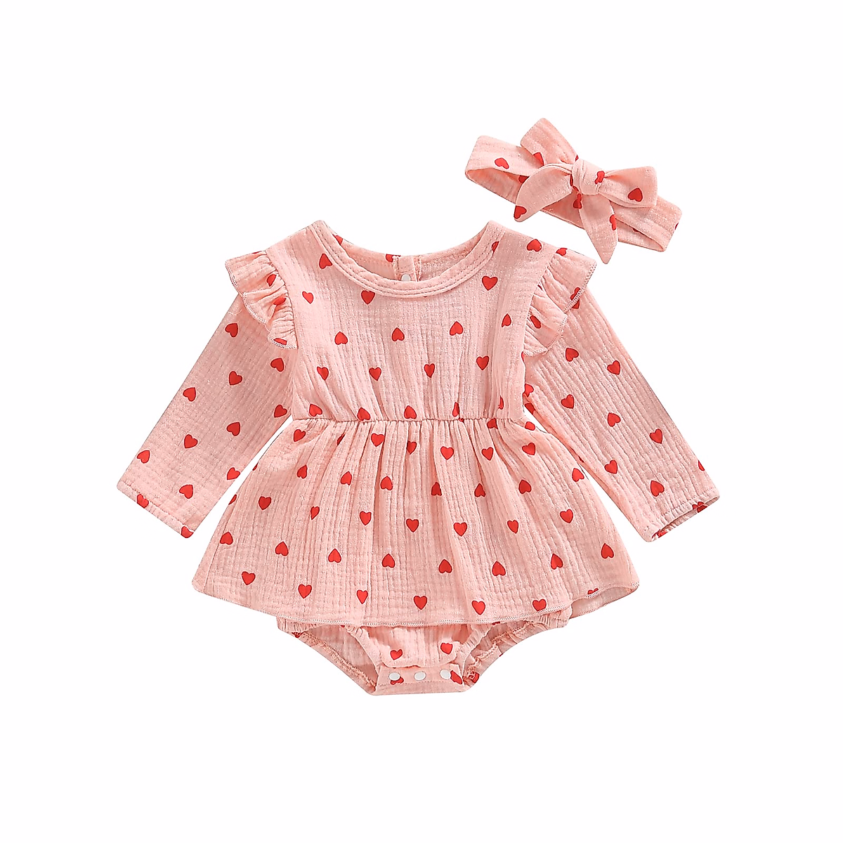 WASAIGOOD Newborn Baby Girls Cotton Linen Romper Dress Long Sleeve Heart Print Valentine's Day Onesie Outfits with Headband (Pink,6-12 Months)