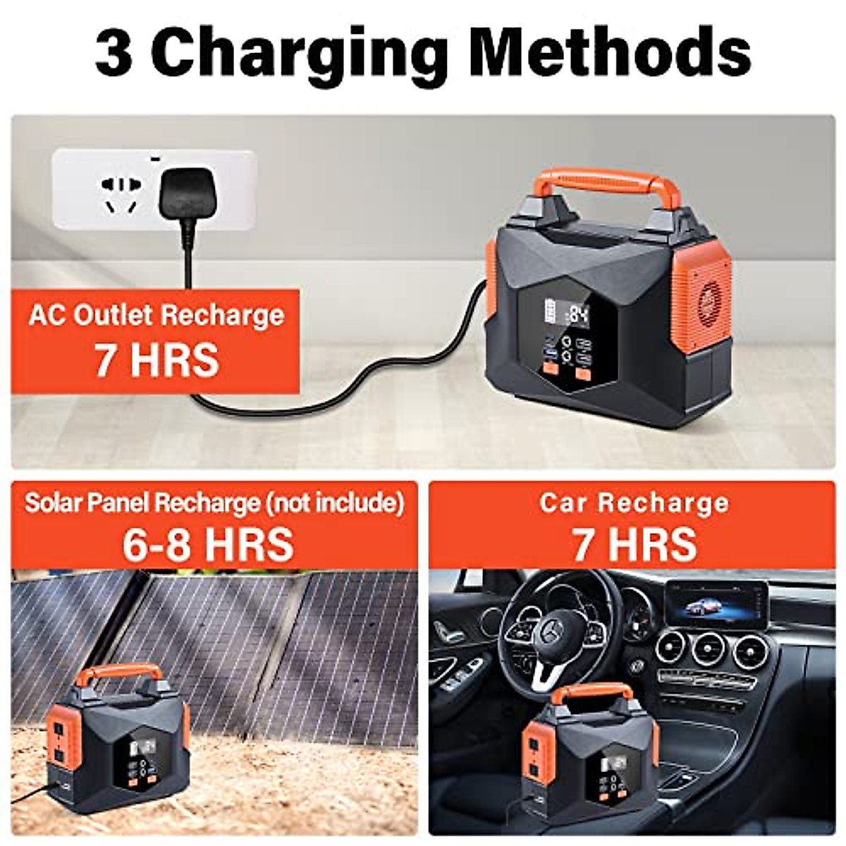 BailiBatt Portable Power Station 150W, 146Wh Camping Solar Generator, Lithium Battery Bank Power Supply with 2 110V/150W (Peak 300W) AC/2 DC/2 USB/ 1 QC 3.0/1 USB-C for CPAP Home Camping Emergency, Orange