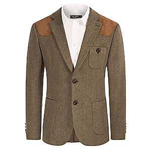 Men's Formal Tweed Patchwork Blazer 2 Button Wool Blend Sport Coat Coffee L