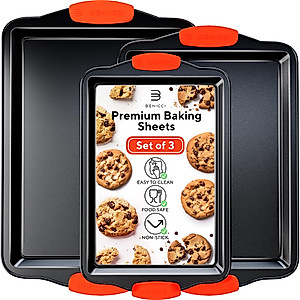 Premium Non-Stick Baking Sheets Set of 3 - Deluxe BPA Free, Easy to Clean Racks w/ Silicone Handles - Bakeware Pans for Cooking Baking Roasting - Lets You Bake The Perfect Cookie or Pastry Every Time
