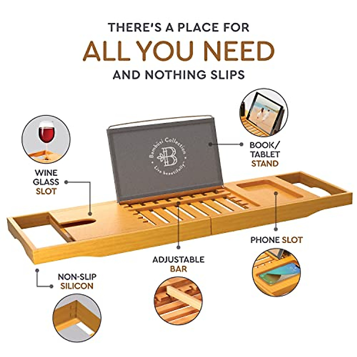 Bambüsi Premium Bathtub Tray Caddy and Bamboo Shower Floor Mat