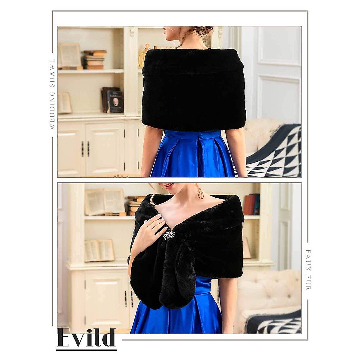 EVILD Bridal Faux Fur Shawls Wraps Wedding Fur Stole Scarf Sleeveless Fur Shrug Luxury Fur Coat for Brides and Bridesmaids(Black)