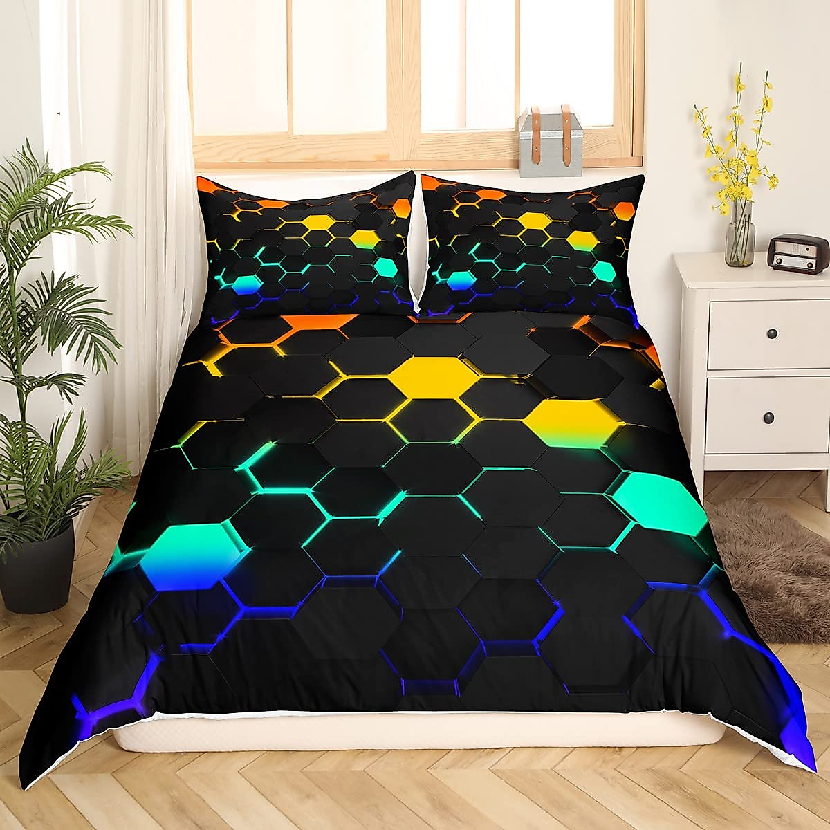 3D Honeycomb Duvet Cover Set Twin Size,Colorful Neon Light Hexagon Bedding Set 2pcs Kids Boys Teens Girls Bedroom Decor Fashion Geometric Comforter Cover Black Cool Gaming Quilt Cover,1 Pillowcase
