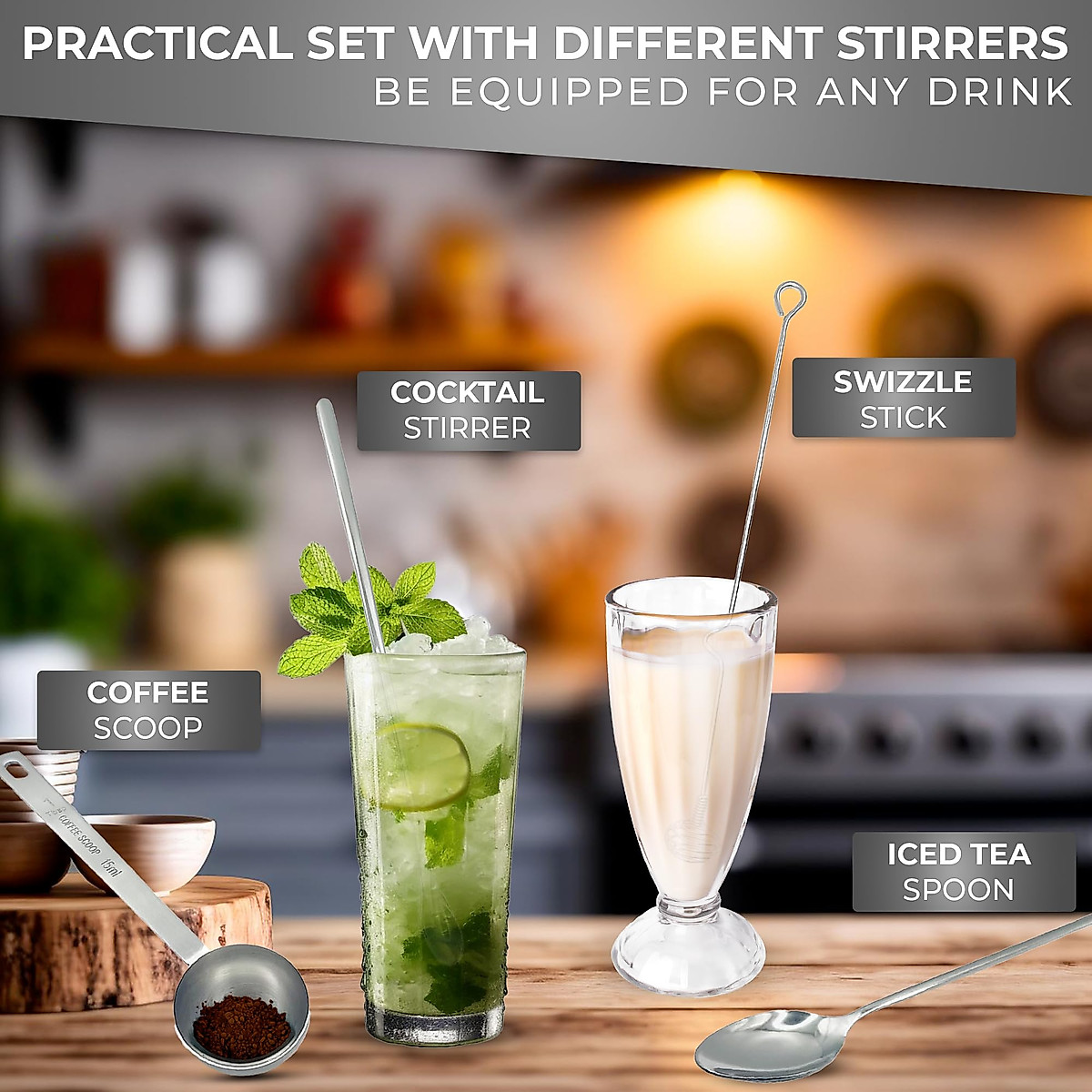 Stainless Steel Coffee Spoons - Beverage Mixing Spoons - Includes Long Iced Tea Stirring Spoon, Small Cocktail Stirrer, Blender Ball Swivel Stick, Coffee Scoop & Bag