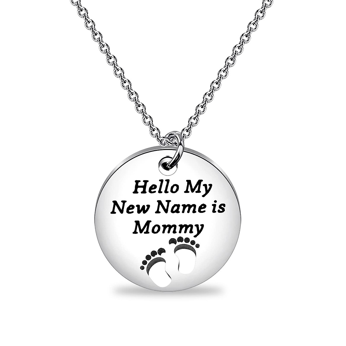 LQRI Pregnant Mom to Be Gift New Mom Gift Hello My New Name is Mommy Necklace Baby Footprint Mommy To Be Gifts First Time Mom Gift for Expecting Mother (Sliver)