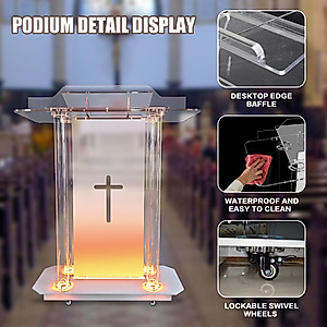 deenkk Cross Acrylic Pulpits for Churches, Clear Church Podium with 16 Colors Led Lights & Wheels, 46” Acrylic Podium with Incline Reading Platform for Church Wedding Concert Speech Classroom
