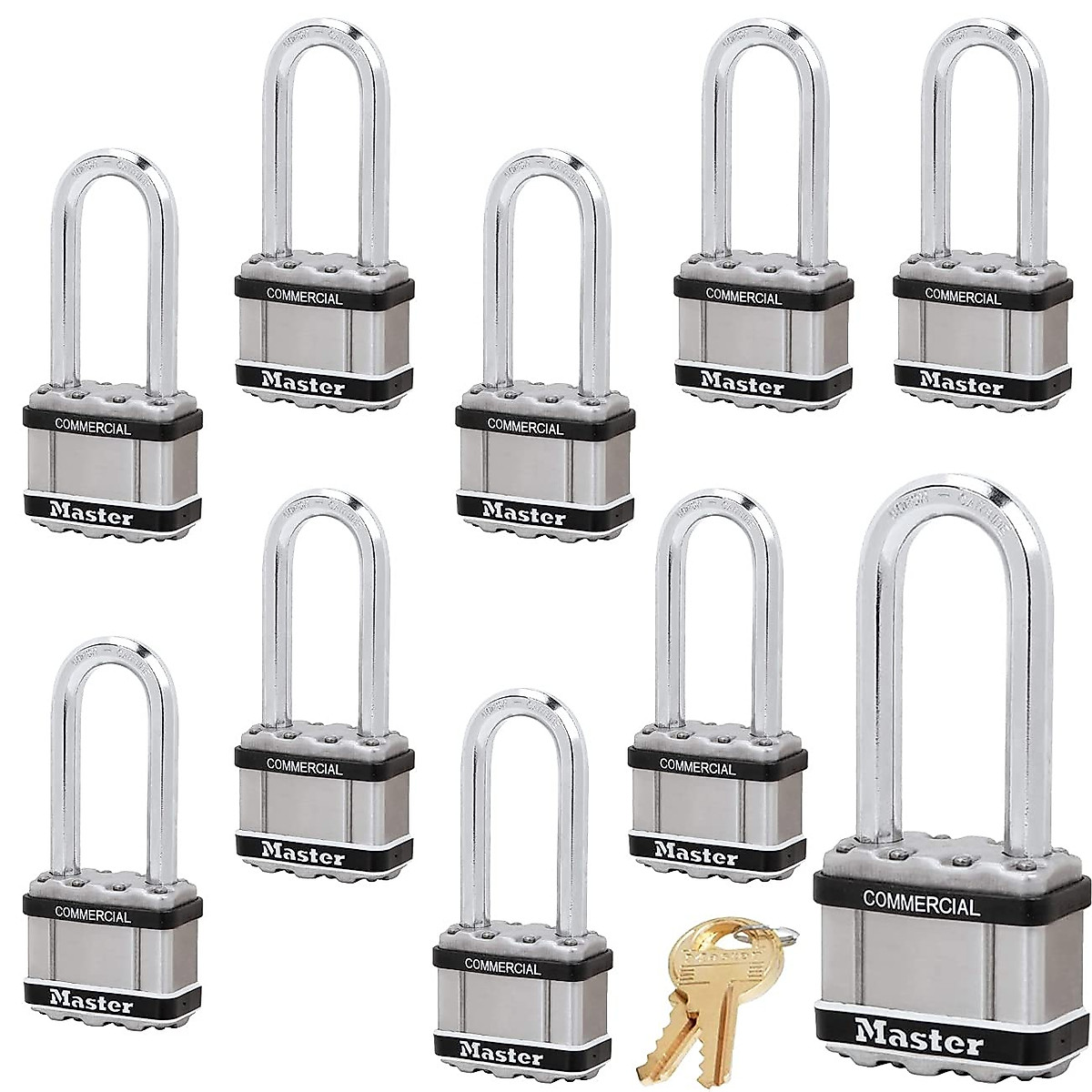 Master Lock Magnum Padlock - 2" W x 2-1/2"L Shackle, Ten (10) Keyed Alike Locks M5NKALJSTS-10 w/BumpStop Technology