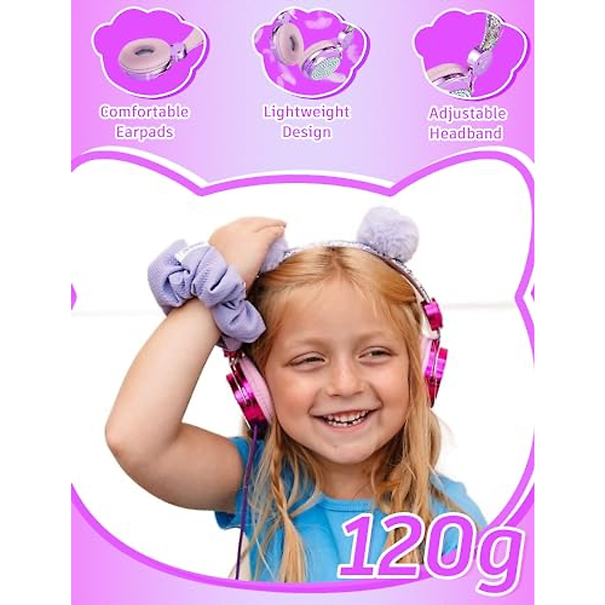 charlxee Kids Pom Headphones with Mic for Travel/Car/Plane,Added 85DB Limit Function&Shareport,Unicorns Gifts for Girls,On/Over Ear HD Stereo Wired Headsets with Nylon Cable-Hot-Purple