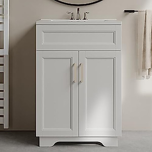 OLD CAPTAIN Bathroom Vanity with Ceramic Sink, Wooden Double Door Bathroom Storage Vanity with 24 Inch, Small Quick Assembly Bathroom Cabinet, White & Grey - Faucets and Downpipes Not Included (White)