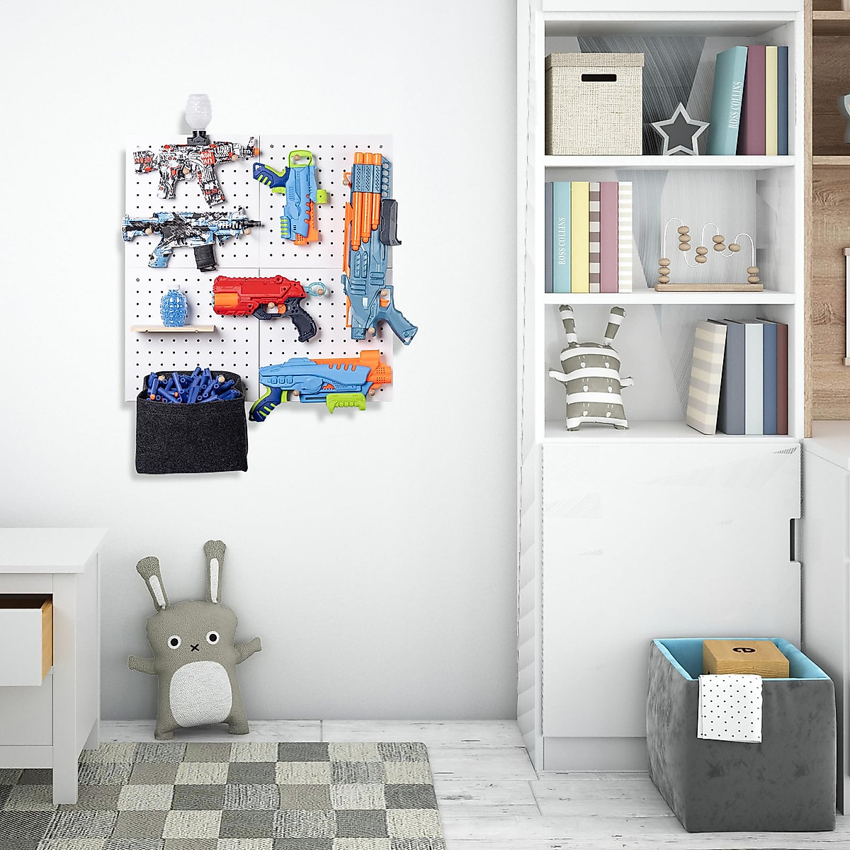 IneVibe Nerf Display Wall Organizer - Wooden Pegboard Storage Holder for Mounting Nerf Guns & Gel Blasters, 4 Piece Rack W/Bag for Darts