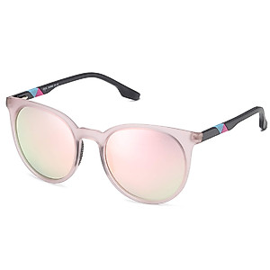 SOJOS Oversized Round Polarized Sports Sunglasses for Women Men, Ultralight TR90 Frame Sport Sunglasses SJ2092, Matte Crystal Greyish Pink Frame/Pink Mirrored Lens