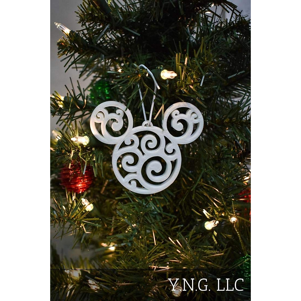 Themed Magical Mouse Head Ears Swirl Design Cartoon Character Hanging Ornament Holiday Christmas Decor 3D Printed Made in USA PR2235 (White)