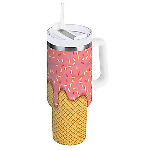 Pink Glaze Sprinkles Waffle Tumbler with Handle and Straw Lid, 40 oz Insulated Coffee Cup Stainless Steel Water Bottle Travel Mug Cupholder Friendly,Gifts for Women Men