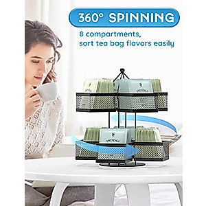 Tea Bag Organizer, Tea Bag Storage Holder Spinning Carousel 96 Teabags Container, Lazy Susan Coffee Creamer Sweetener Tea Caddy for Kitchen Counter Cabinet Pantry Shelf Organizer