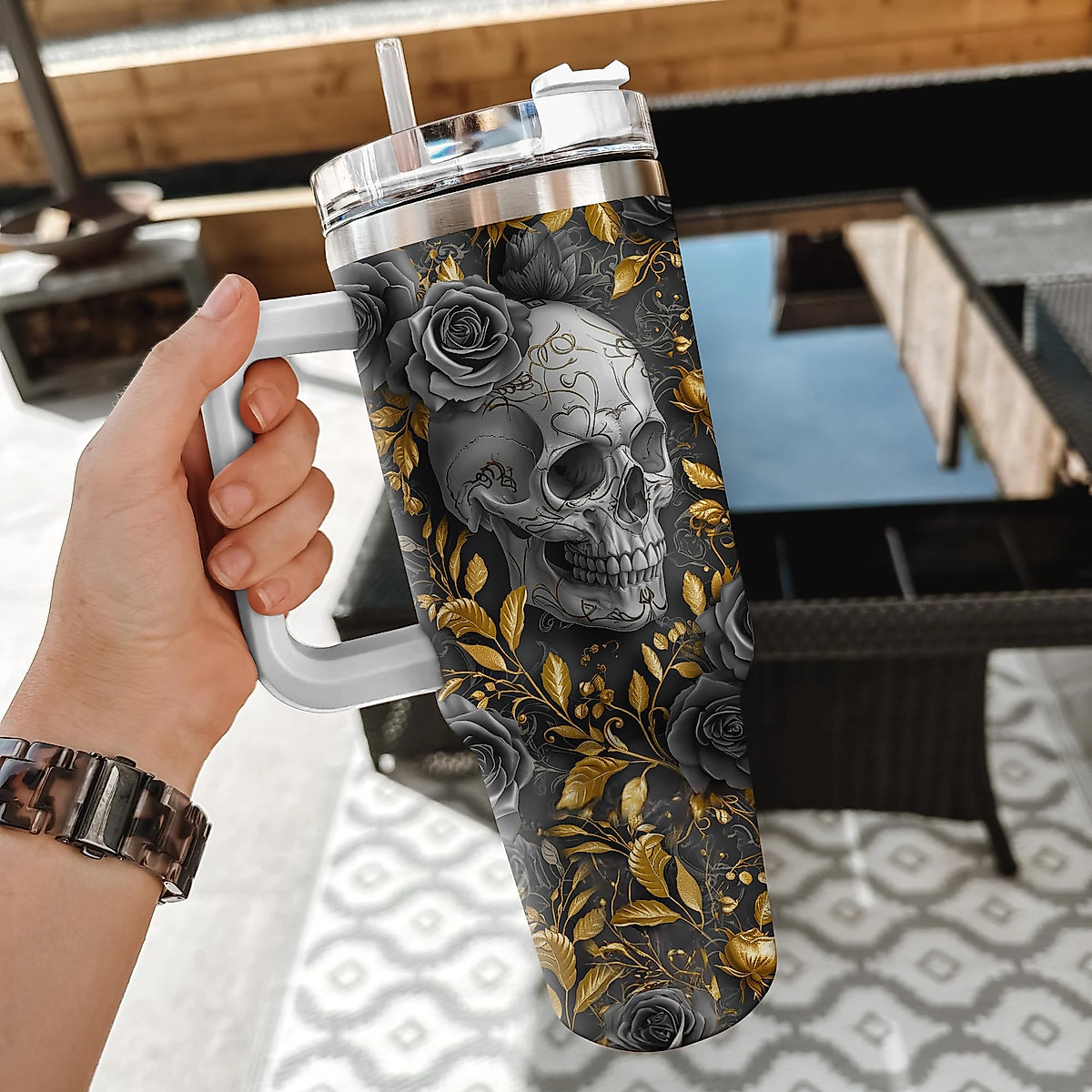 Hyturtle Personalized Gothic Skull Tumbler - Sunflower Gifts For Skeleton Lovers - Horror Lover Gifts - Gift For Women On Halloween - Spooky Tumbler - Custom Travel Coffee Cup 40oz With Lid And Straw