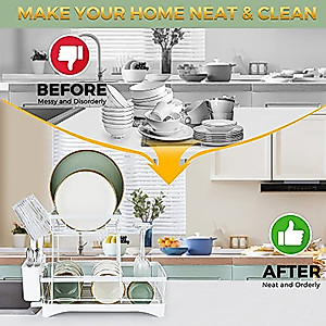 Dish Drying Rack for Kitchen Counter, 2-Tier Dish Racks with Drainboard, Large Capacity Dish Drainer Organizer Shelf with Utensil Holder, Wine Glass Holder（White）