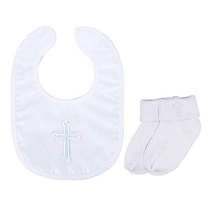 Infant Baby Boys' Girls' Christening Baptism Embroidered Cross Bib and Socks for Outfits