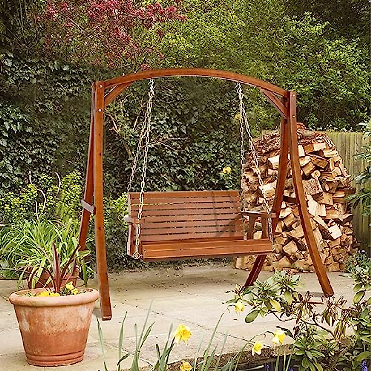 VINGLI Upgraded Patio Wooden Porch Swing for Courtyard & Garden, Heavy Duty 880 LBS Swing Chair Bench with Hanging Chains for Outdoors (4 FT, Brown)