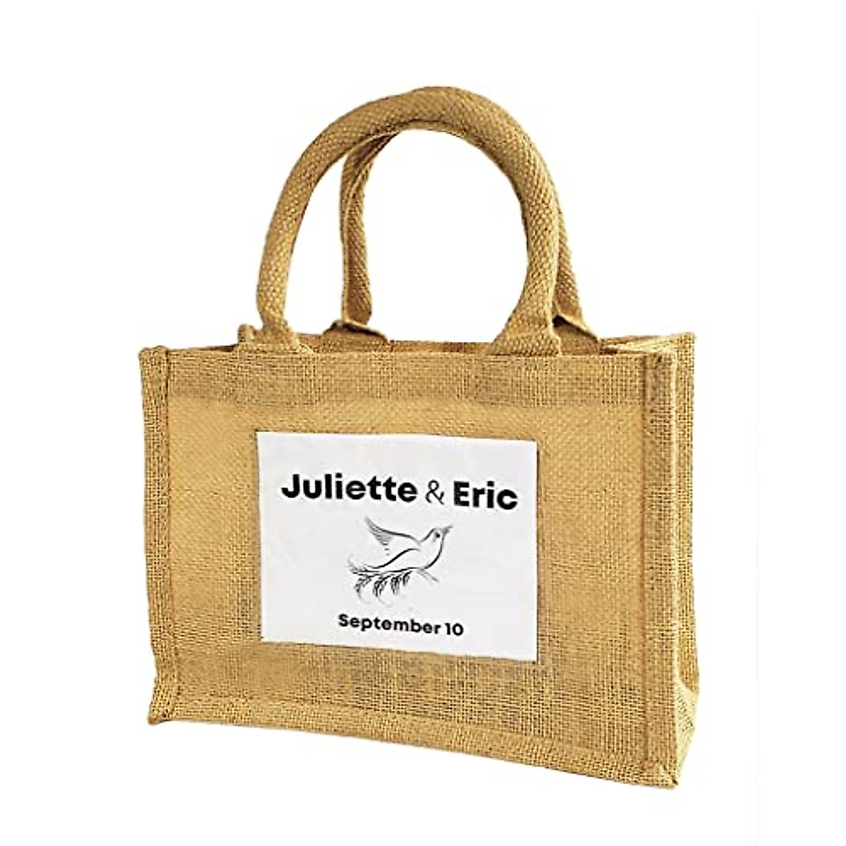 TBF Sturdy Cute Natural Jute Burlap Small Rustic Wedding Welcome Gift Bags with Clear Front Pocket (12 Pack)