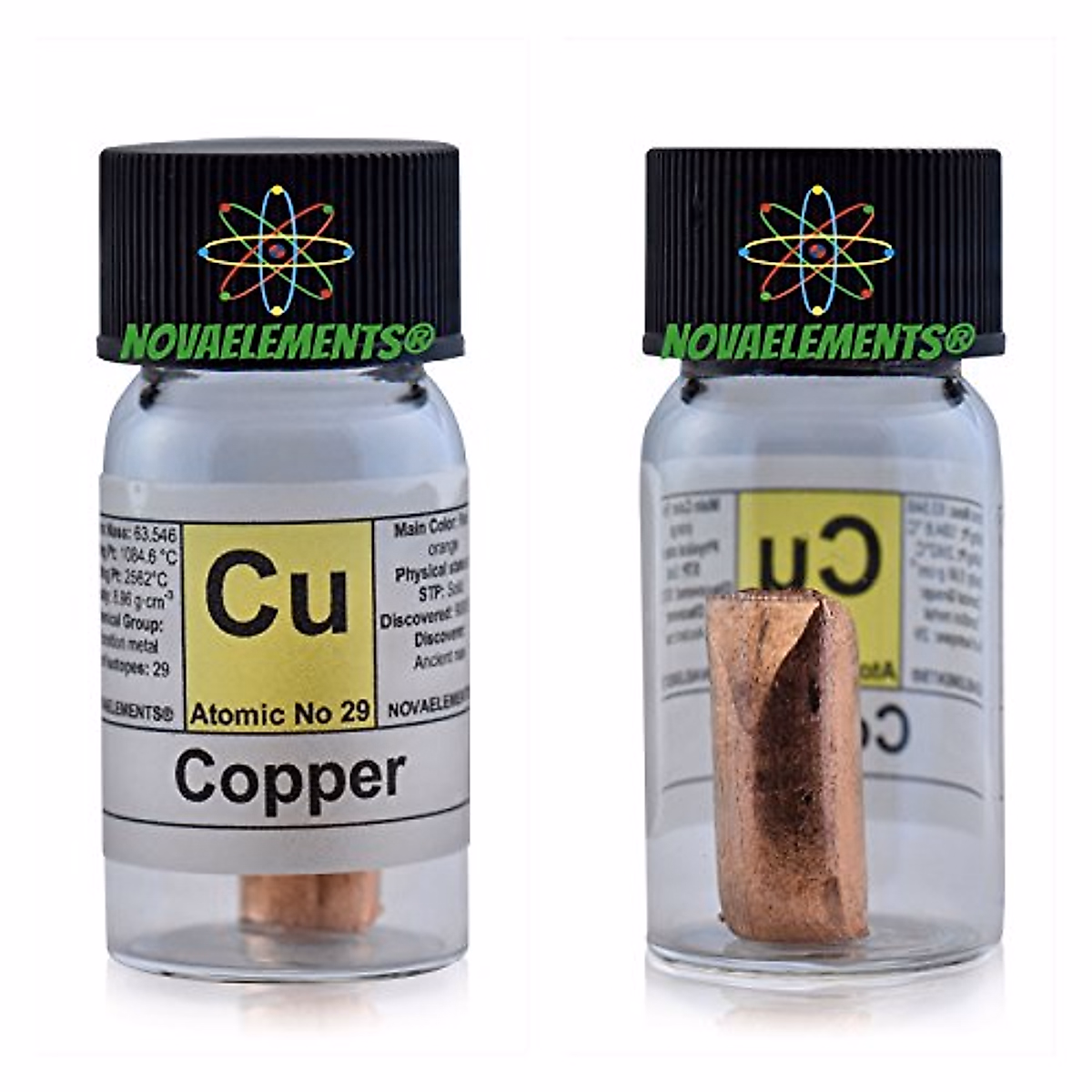 Metallic Copper Element 29 Cu, Cylinder> 8 Grams 99.99% in Glass Vial with Label