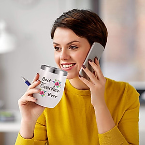 Patelai 2 Pcs Teacher Appreciation Gifts Best Teacher Ever Wine Tumbler Appreciation Gift for Women Thank You Gift Graduation Birthday Present 12 oz Stainless Steel Tumbler with Lid and Straw (White)