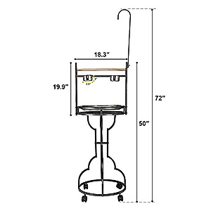 COZIWOW 72" Large Parrot Wood Perch Playstand, Bird Play Stand with Stainless Steel Tray Bowls Toy Hook Rolling Wheel, Wrought Iron Parrot Bird Play Gym Ground Rolling Stand, Black