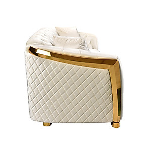 RUNOLIG Chesterfield Sofa, Velvet Sofas and Couches with Button Tufted Design and Gold Legs, Upholstered Sofa with 2 Pillows and Wood Frame, Modern 3 Seat Couch for Living Room, Apartment (Beige)