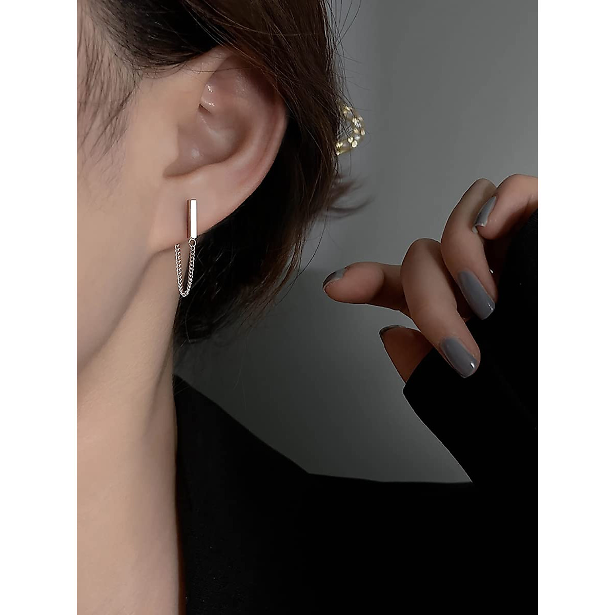 Reffeer 925 Sterling Silver Stud Earrings Minimalist Bar Earrings with Chain Dangle Earrings For Women (A-Silver)