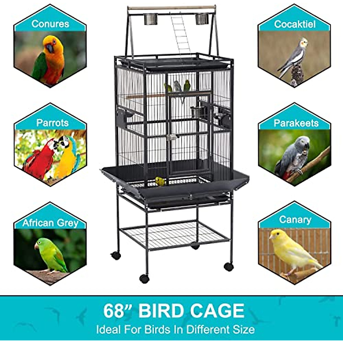 Kinsuite Large Bird Cage with Play Top, 68 Inch Iron Parrot Bird Cage with Rolling Stand for Parakeets Lovebird Cockatiel Pet Birds, Black