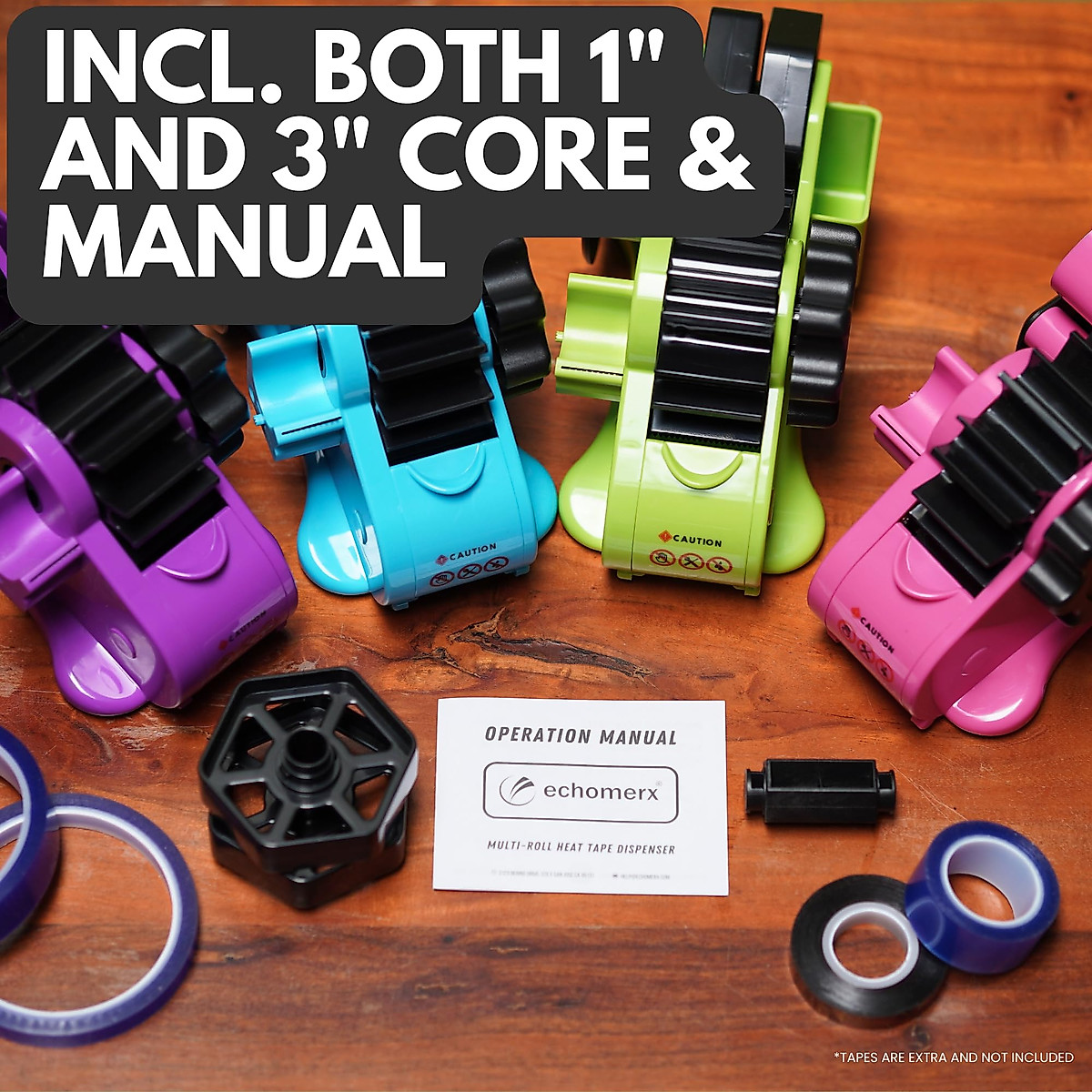 Echomerx Multi-Roll Heat Tape Dispenser Sublimation - Best Cut Heat Resistant Thermal Tape for Sublimation Transfer, Pen Holder, 1 and 3 inch Core, Optional Heat Press Tape Pack, Pink