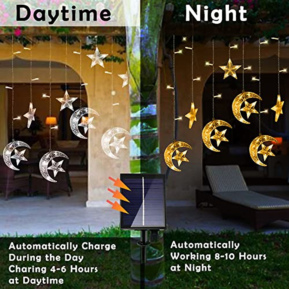 Solar Curtain Lights Outdoor Star and Moon Light 138 LED Waterproof Fairy String Lights Solar Powered 8 Modes Hanging String Lights for Window Fence Tent Garden Patio Home Outdoor Decor (Warm)