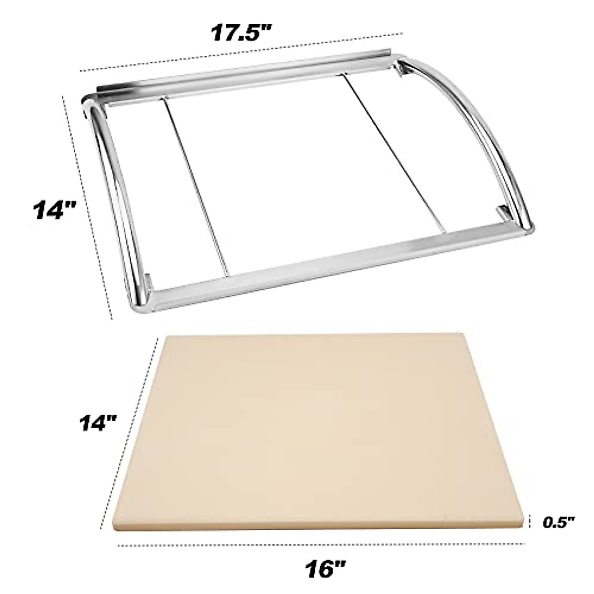 Skyflame 14” x 16” Rectangle Ceramic Pizza Baking Stone with Metal Handle Rack Compatible With Most Charcoal Grills, Gas Grills, Pizza Oven, Pellet Grills, BGE, Kamado Grills, Smoker